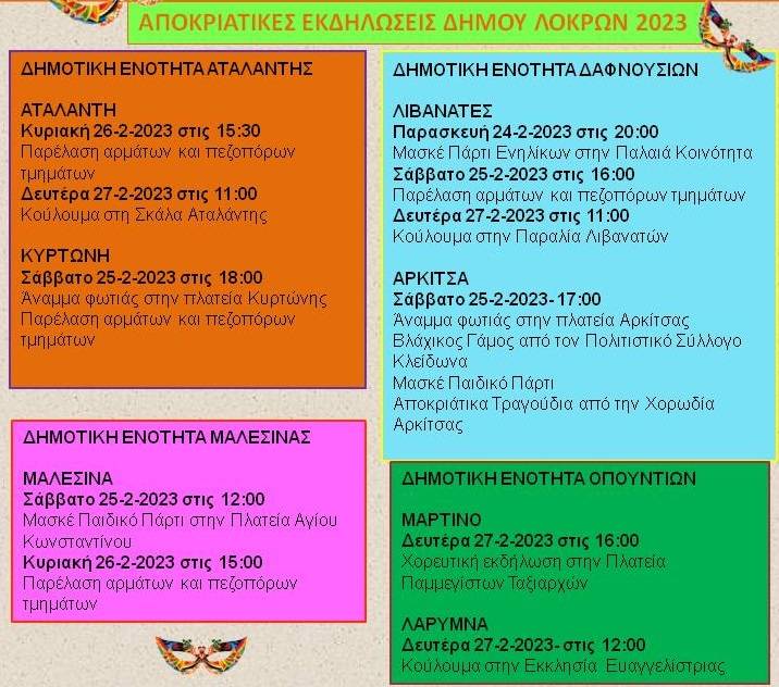 Πρόγραμμα αποκριάτικων εκδηλώσεων 2023 του ΔΗΜΟΥ ΛΟΚΡΩΝ – iparnassos